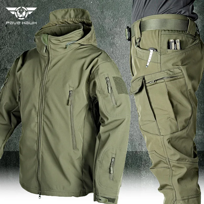 Army-Sharkskin-Set-Men-Outdoor-Windproof-Fleece-Hooded-Jackets-Multi ...