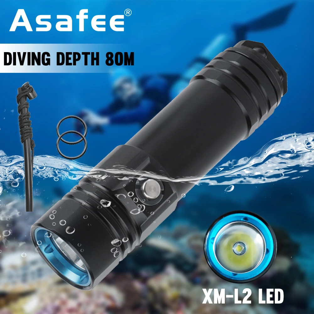 Asafee AF12D 80M Underwater XM L2 LED Diving Flashlight 800LM IPX8 Waterproof Torch 332M Range ...