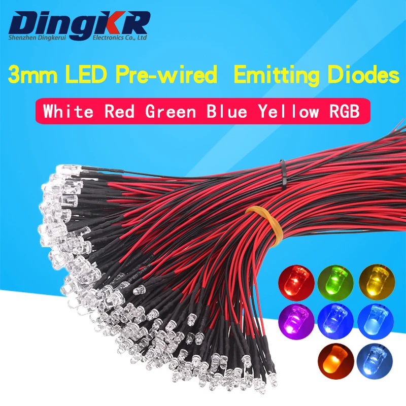 10PCS-3mm-LED-5-12V-20cm-Pre-wired-White-Red-Green-Blue-Yellow-UV-RGB ...