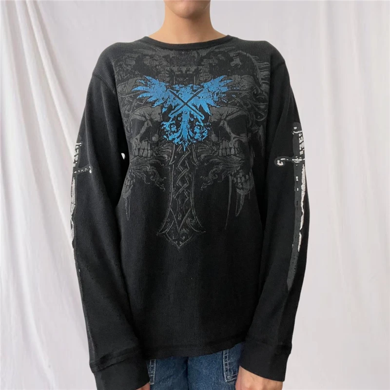 Xingqing y2k T Shirts Cybercore Aesthetic Graphic Skull Print Long ...