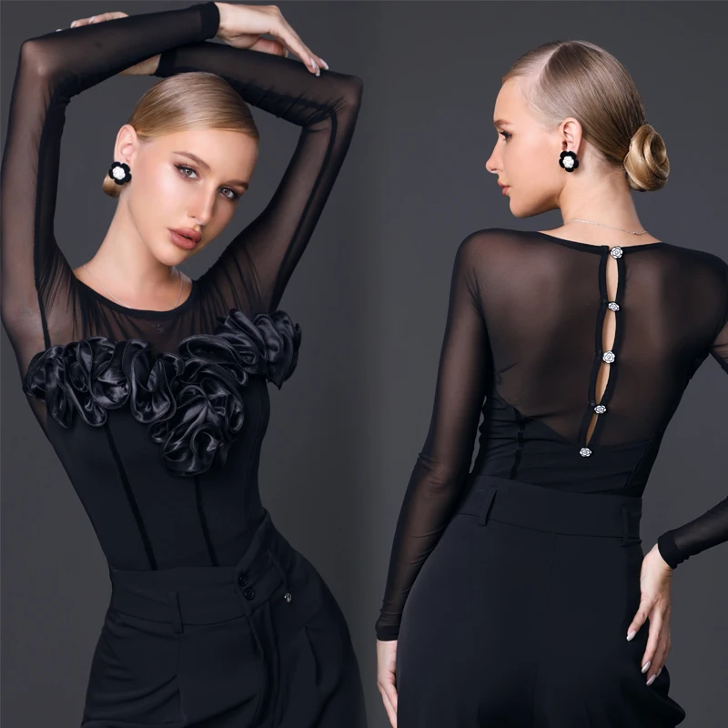Women Latin Waltz Ballroom Dance Competition Tops Sexy Mesh Sleeves ...