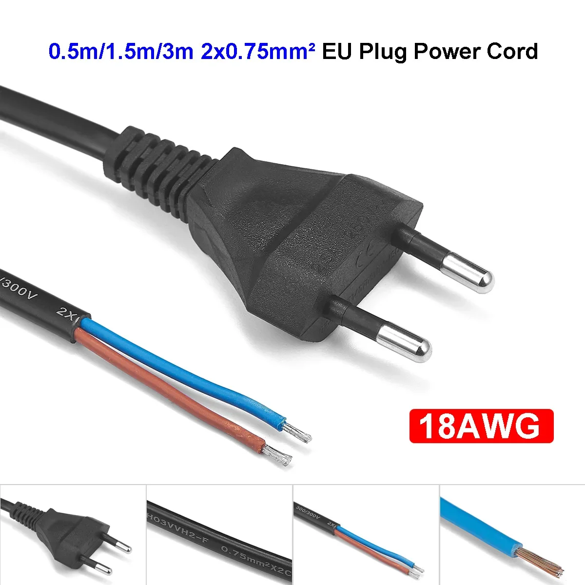 EU-AC-Power-Cord-Pigtail-Electric-Extension-Cable-0-5-3m-18AWG-European ...
