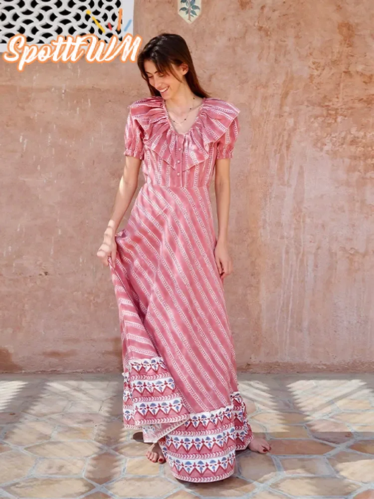 2024-Women-s-Elegant-Striped-Printed-Ruffled-Dress-Fashion-V-neck-Puff ...