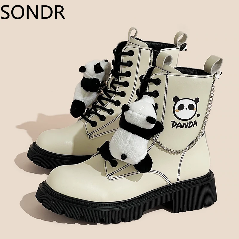 Womens-Ankle-Boots-Panda-Decor-Metal-Chain-Platform-Chunky-Heel-Punk ...