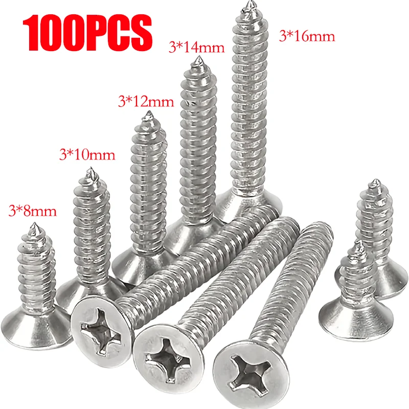 100/500PCS Stainless Steel Self Tapping Screw Phillips Flat Head Metal ...