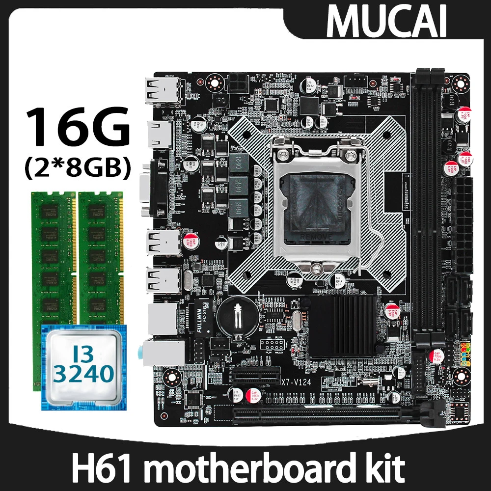 MUCAI H61 Motherboard LGA 1155 Kit Conjunto com Processador Intel Core i3 3240 CPU e DDR3 16GB(2 ...