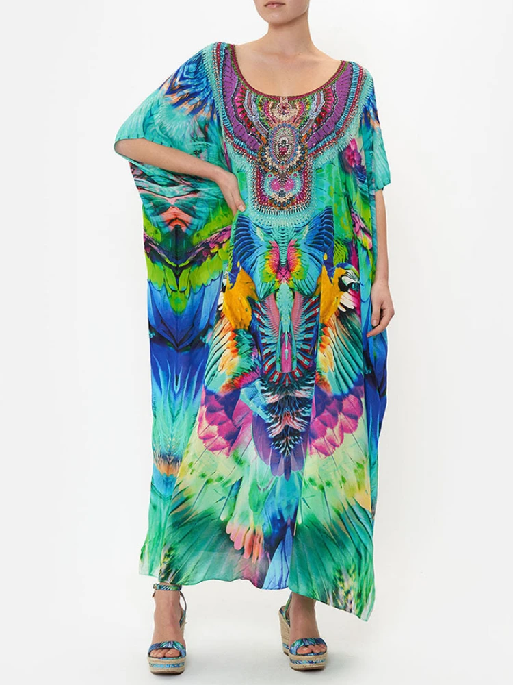 Beach Kaftans For Women Floral Printed Green Maxi Dresses 2022 Swimsuit ...