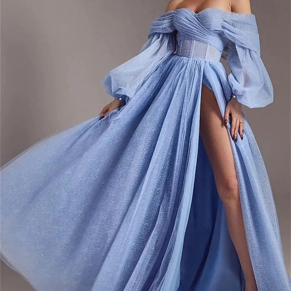 Puffy-Off-Shoulder-Prom-Evening-Dresses-Long-Sleeves-Tulle-Front-Slit ...