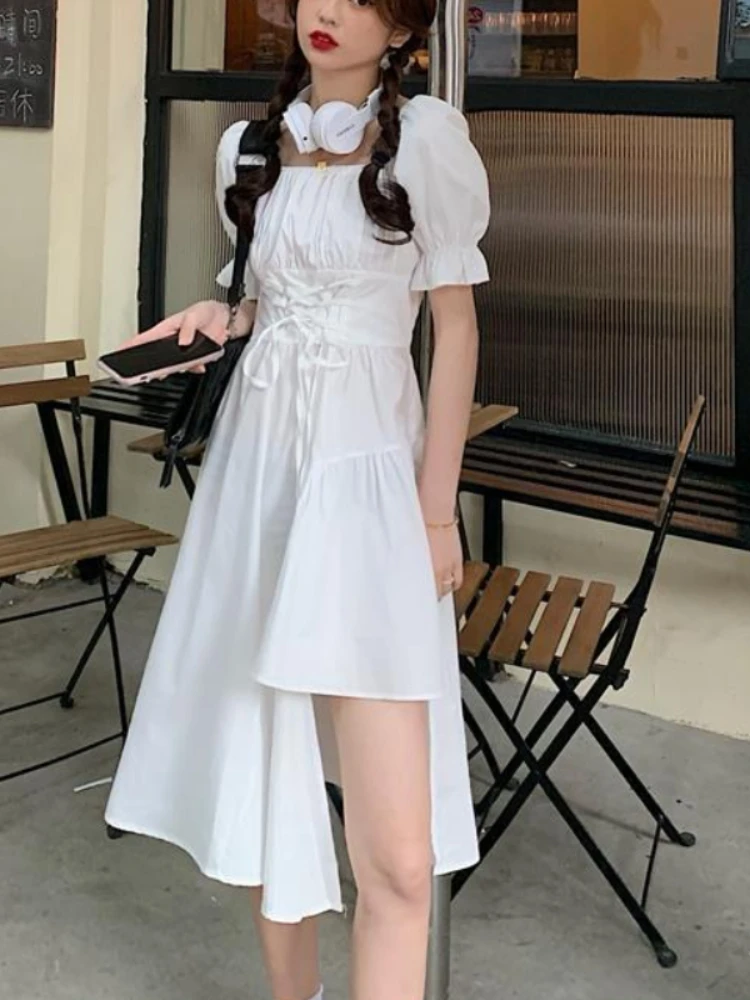 HOUZHOU 여성용 화이트 드레스, 우아한 빈티지, 귀여운 퍼프 슬리브, 미디 드레스, 스퀘어 칼라 붕대, 선드레스, 고스 ...