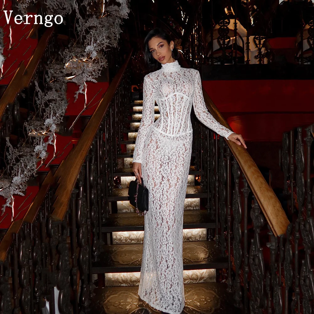 Verngo White Lace Evening Dress High Neck Mermaid Prom Gowns Women ...