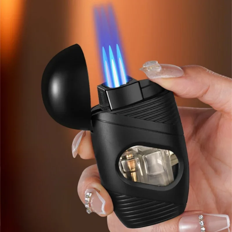 Three-Fire-Jet-Blue-Flame-Butane-Gas-Lighter-Windproof-Portable-Visible ...