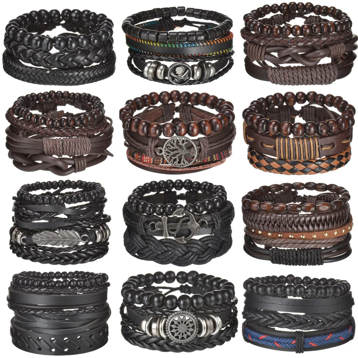 Retro Charm Bracelets for Men Layered Leather Wristband Stacked Braided ...
