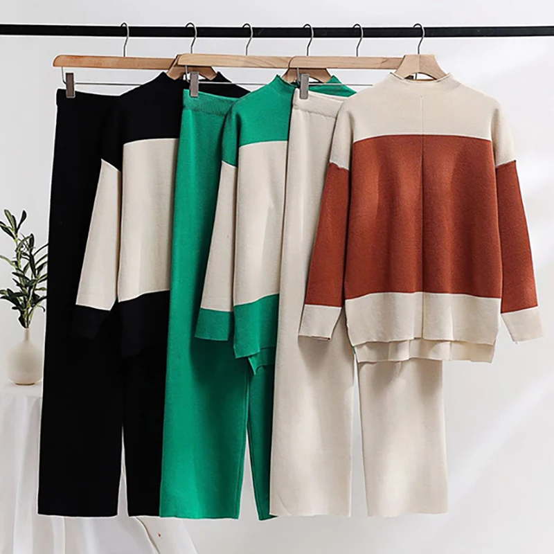 Women-Pullovers-Pant-Set-Casual-Sweater-Suits-Color-Contrast-Block ...