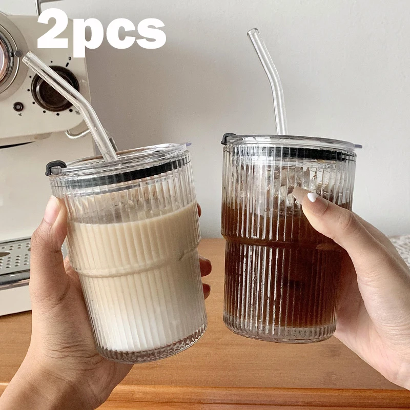 2PC-450ml-Simple-Stripe-Coffee-Glass-Cup-With-Lid-and-Straw-Transparent ...