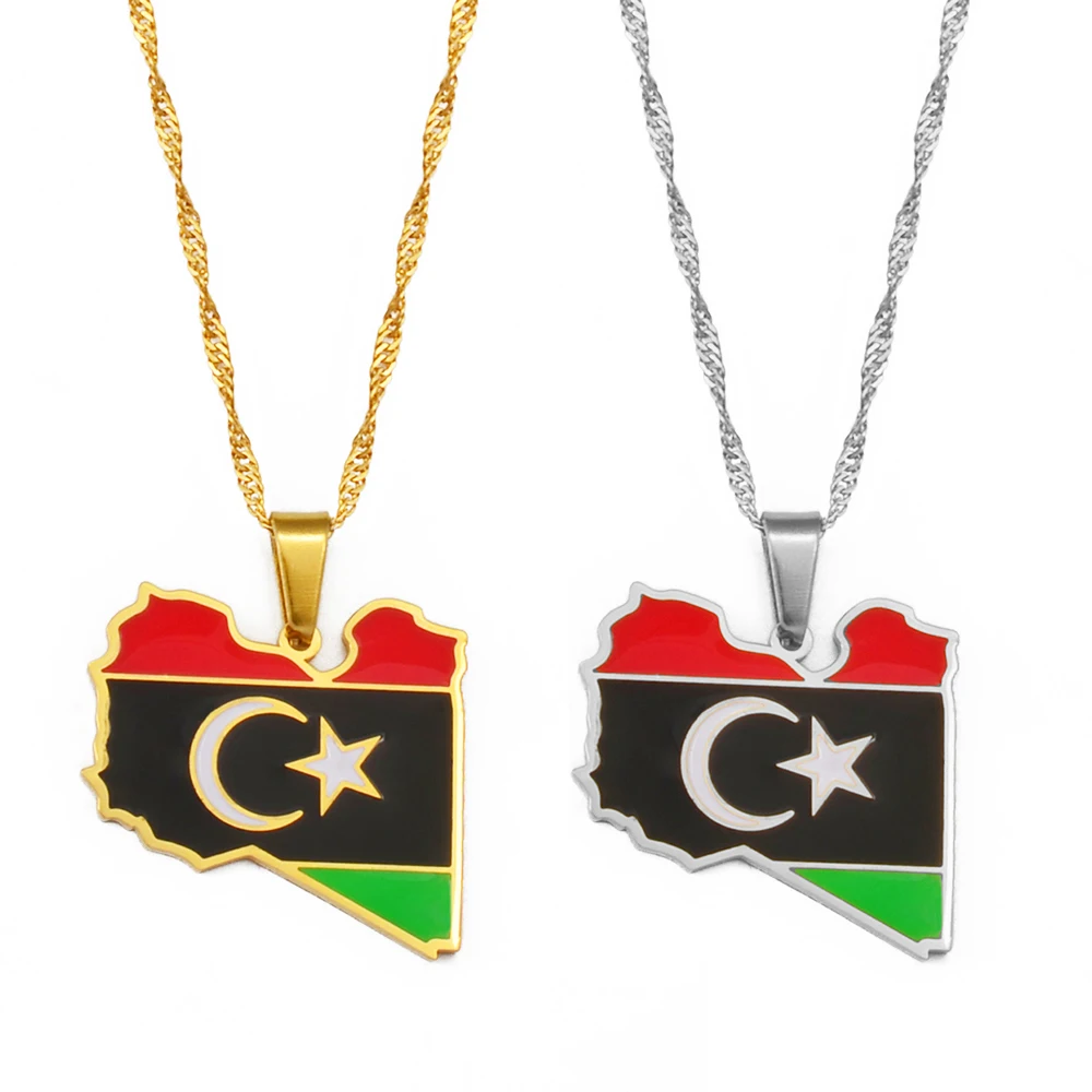 Anniyo Libya Map Flag Pendant Necklace for Women Men Gold Color Jewelry ...