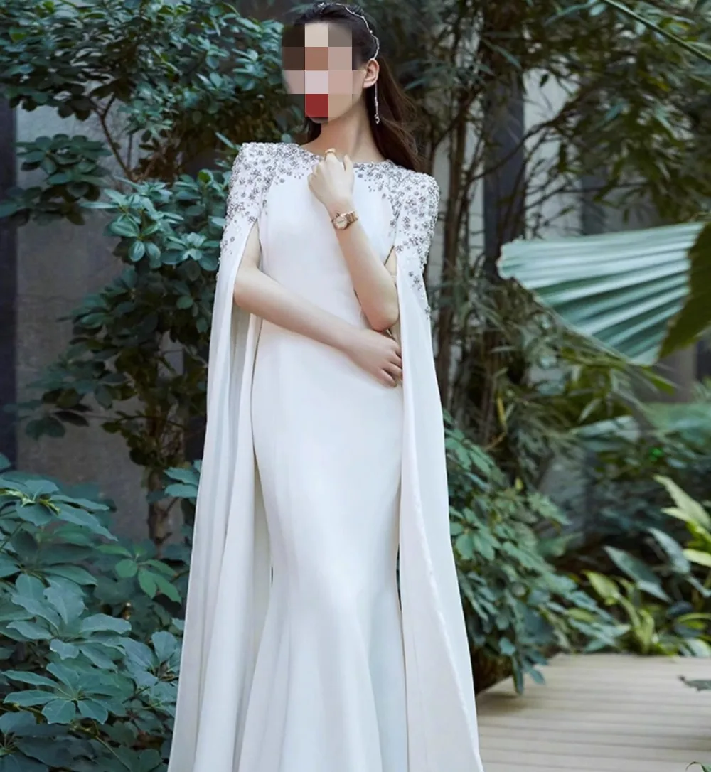 Luxury-White-Round-Neck-Mermaid-Crystal-Beaded-Evening-Dress-Elegant ...