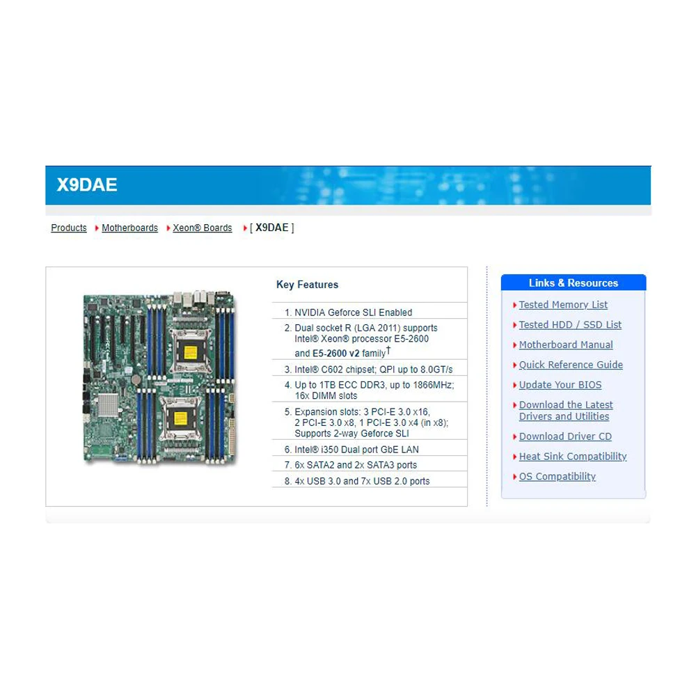 X9Dae For Server Motherboard Dual (LGA2011) Support E5 2600 V1/V2 Family ECC DDR3 Supports 2 way ...