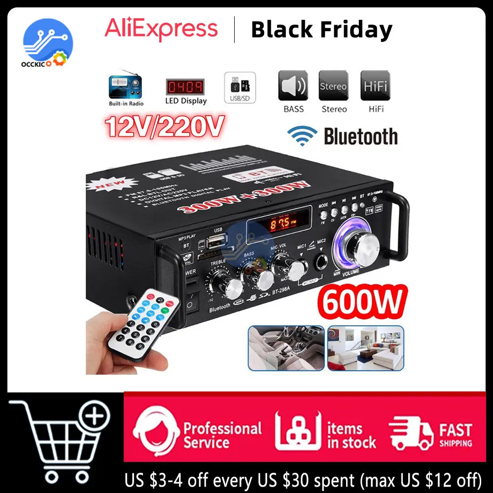600w Bluetooth Amplifier 300w+300w 2ch Hifi Audio Stereo Power Amp Usb Fm Radio Car Home Theater ...