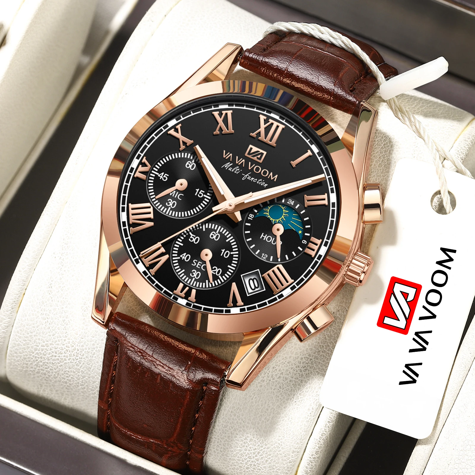 Reloj Multi Functional Mens Sports Watch 40mm Rose Gold Leather ...