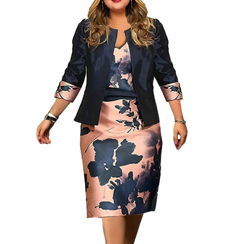 2-Pcs-Set-Women-Coat-Dress-Suits-Set-Floral-Print-Sheath-Midi-Dress ...