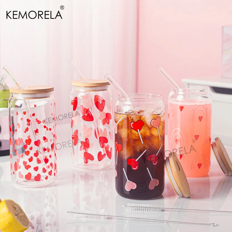 1PCS-Heart-Shape-Printed-Coke-Glass-Tumbler-With-Bamboo-Lid-Straw-Milk ...