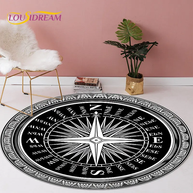 3D Cartoon Retro Compass Circle Area Rug,Round Carpet Rug for Living ...