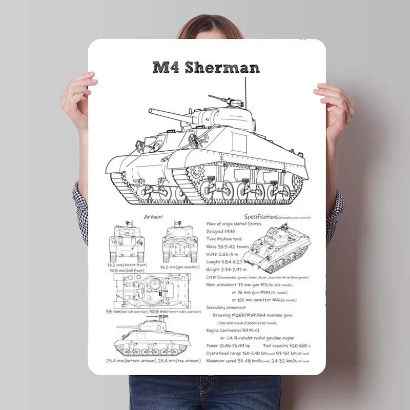M4-Sherman-Tank-US-White-Blueprint-Metal-Poster-Bedroom-Decoration ...