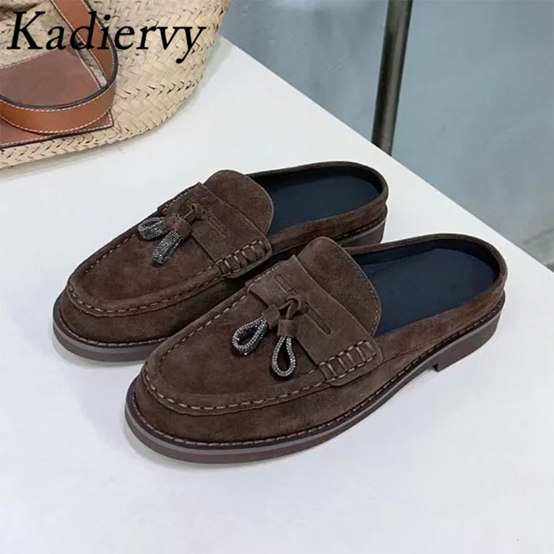 Round Toe Loafers Women Fringe String Bead Mules Shoes Suede Leather ...