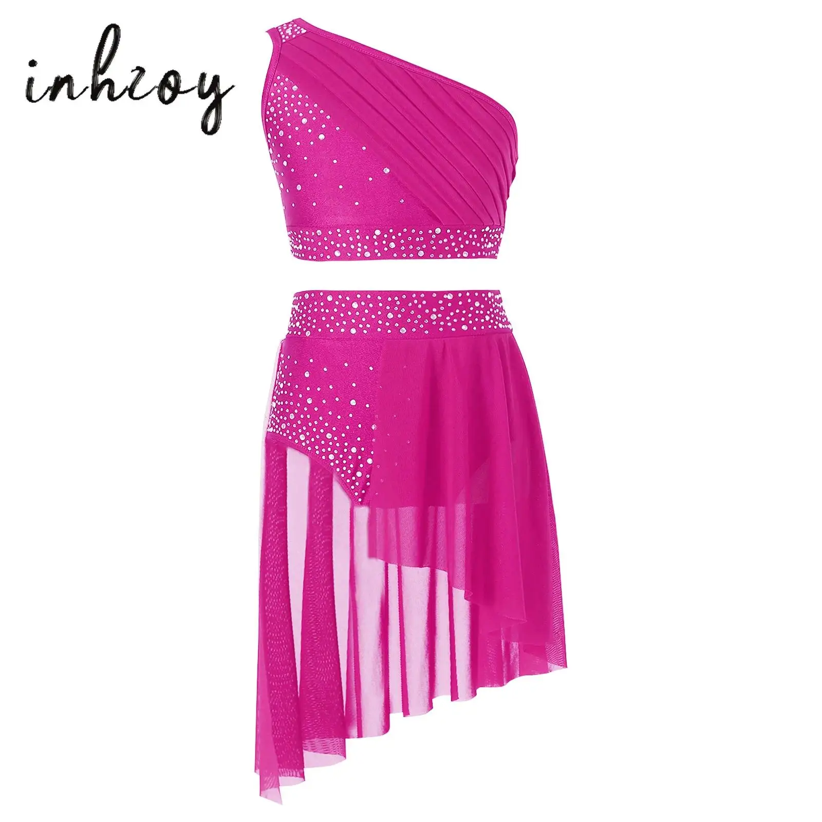 Kids Girls Modern Lyrical Dance Set Rhinestones Sleeveless Crop Top and ...