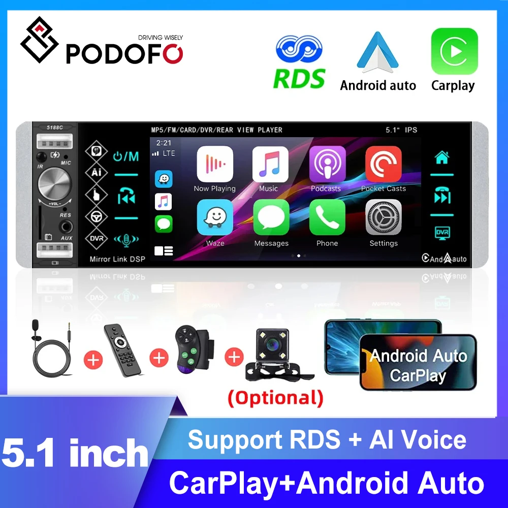 Podofo 1 Din Carplay Car Radio Receiver Bluetooth Autoradio 5.1 Inch ...