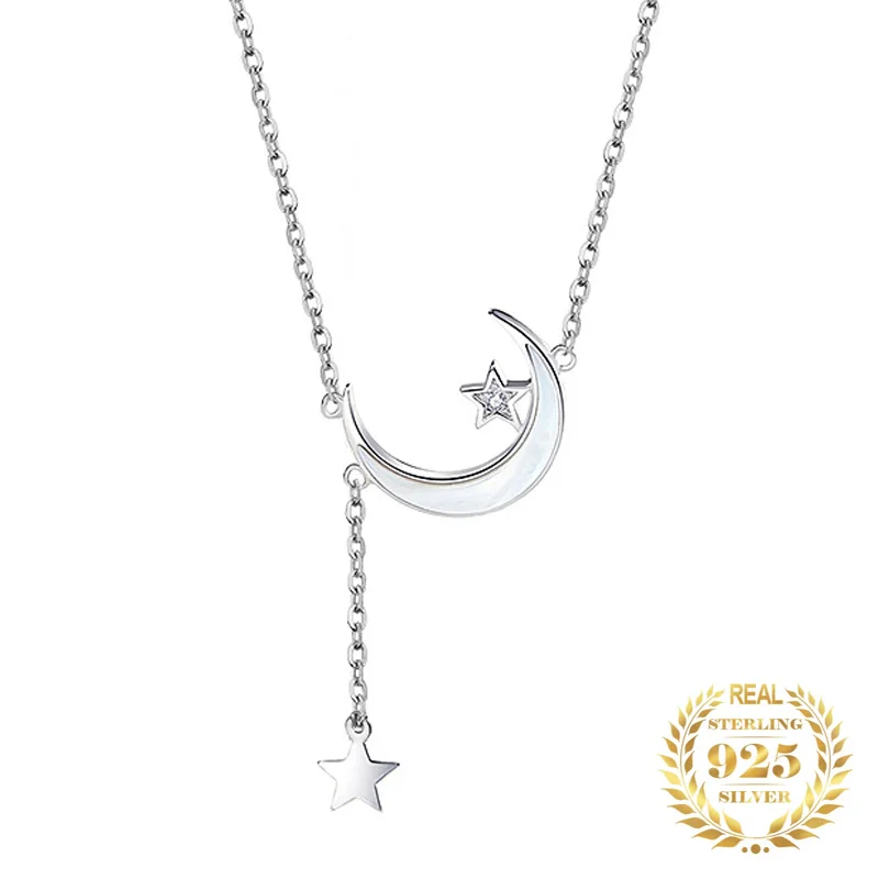 Coreano-Elegante-Ver-o-925-Sterling-Silver-Zircon-Estrela-Borla-Crescente-Lua-Colar-para ...