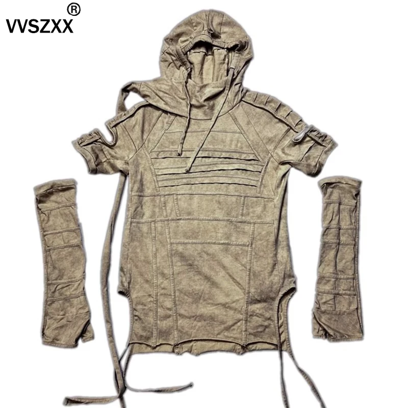 Men Wax Dyed Washed Distressed Hooded T-shirt Waste Soil Style ...