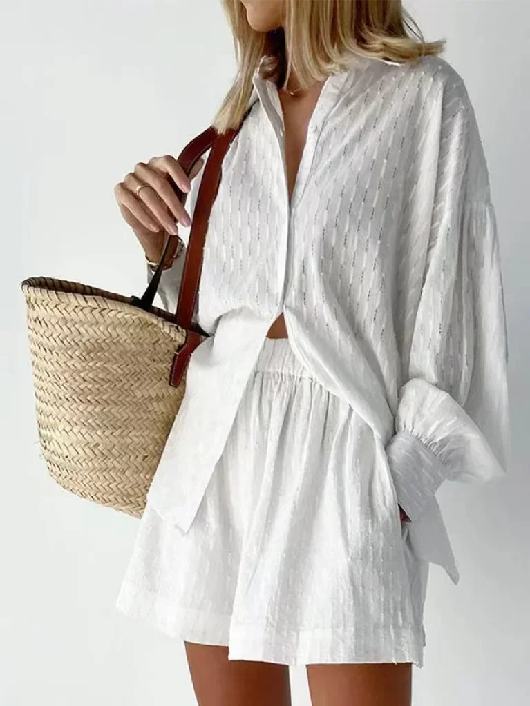 2024 Summer Women White Shorts Sets Hollow Loose Shirt And Shorts Suit ...