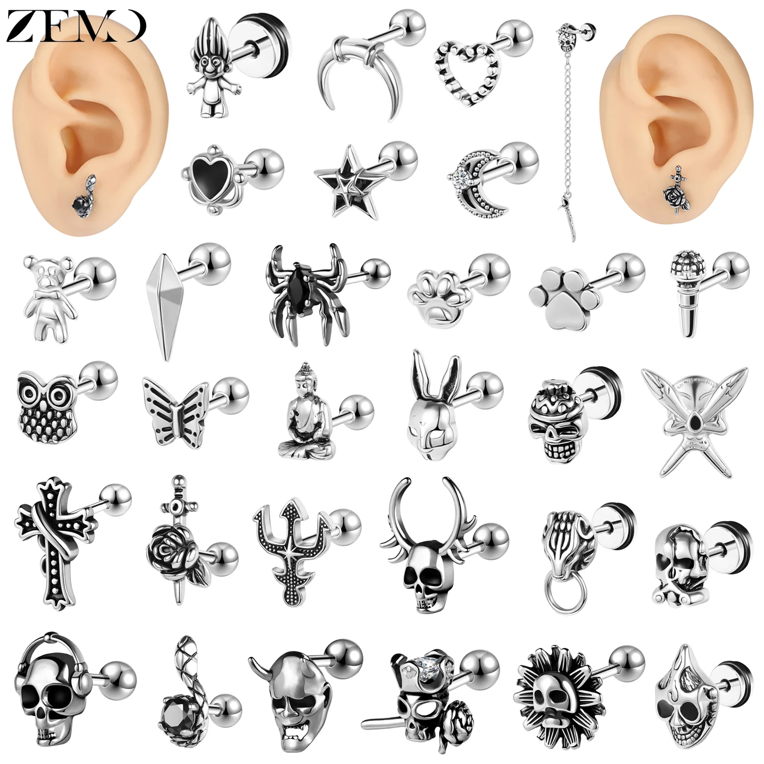 ZEMO 1 Piece Punk Stainless Steel Stud Earrings Men Women Skull Cross ...