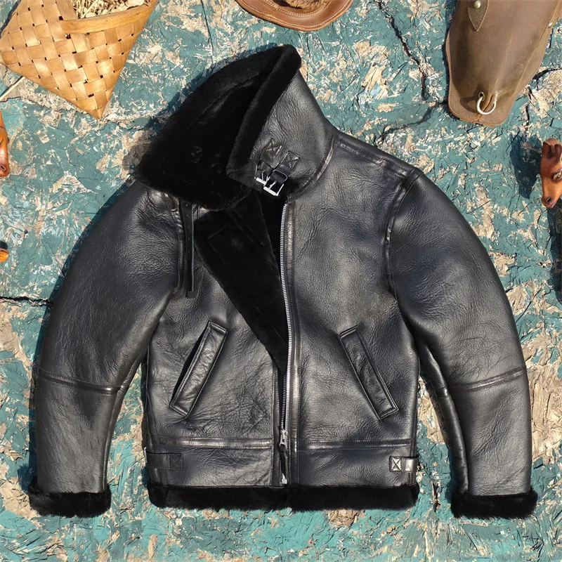 Black Winter Shearling Jacket Men Military Style Plus Size 5XL Genuine ...