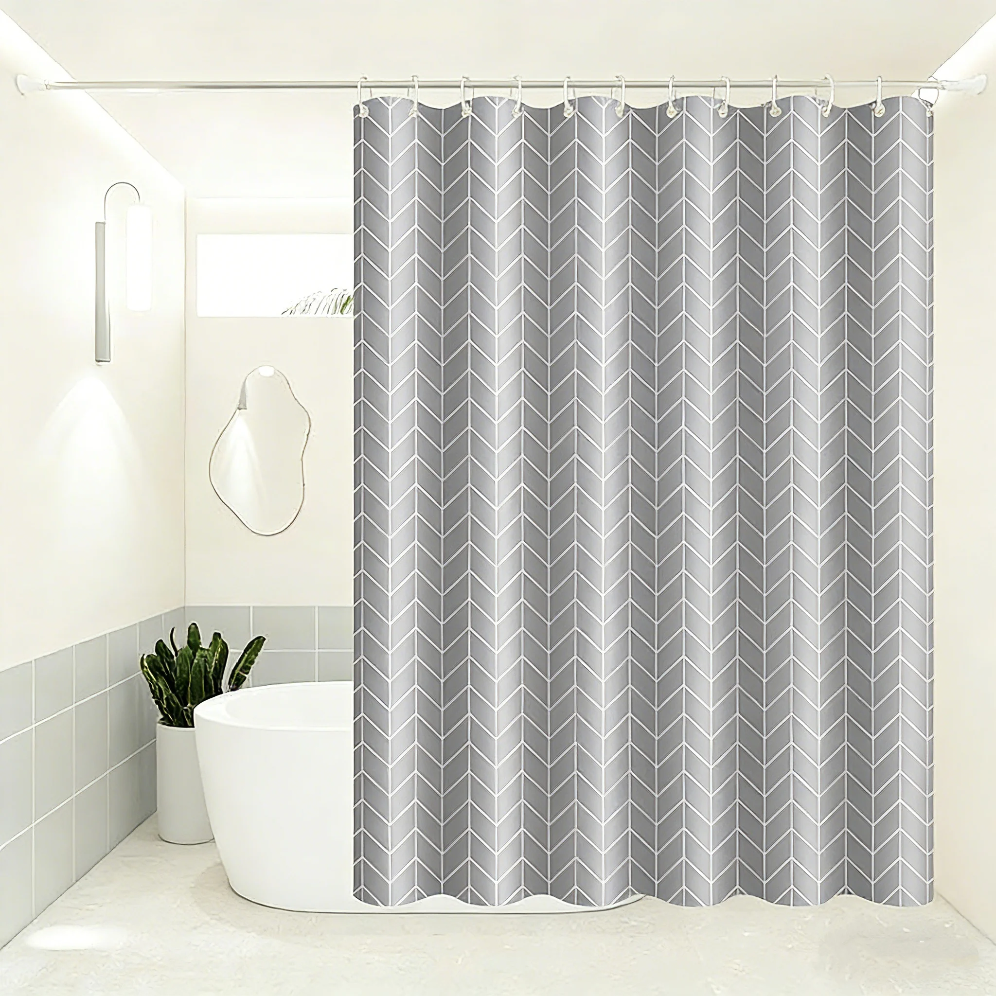 Gray Grid Shower Curtain with Geometric Pattern Design, Simple Style ...
