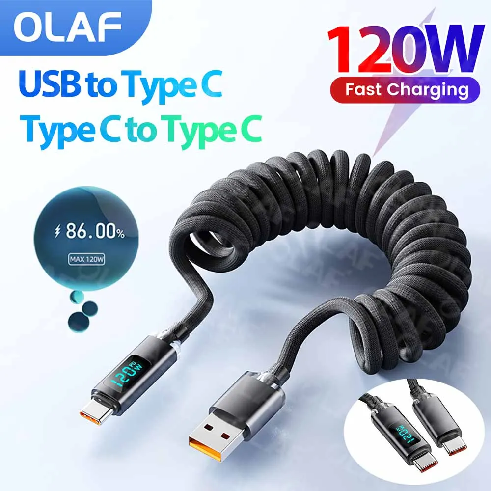120W USB Type C Fast Charging Spring Cable LED Digital Display ...