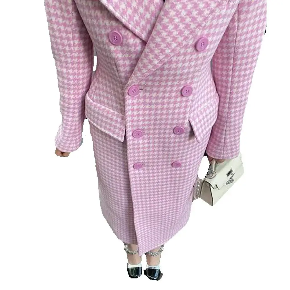 Socialite Style Pink Houndstooth Women Long Jacket Female Daily Coat ...