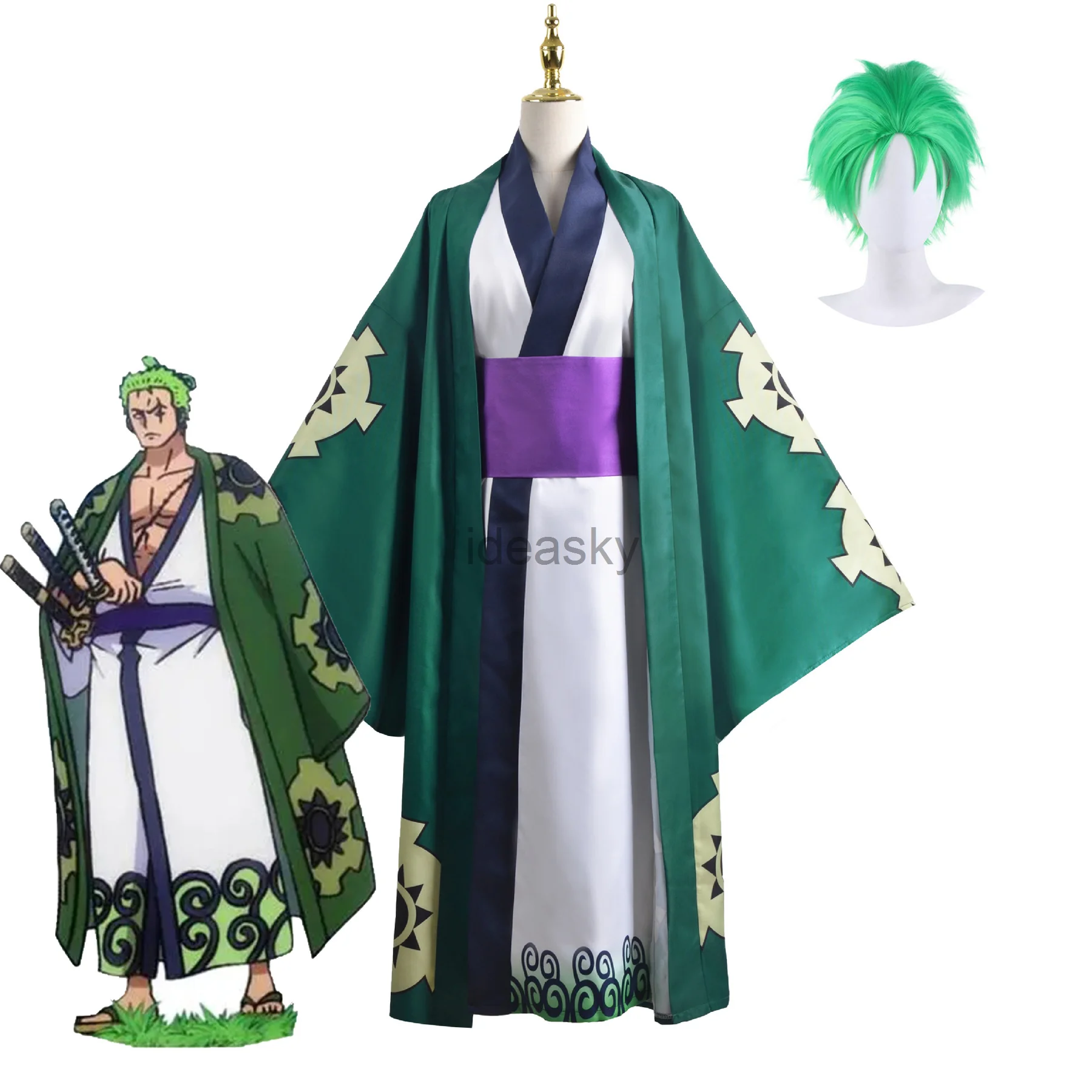 Roronoa Zoro Cosplay Costume Anime One Wano Piece Kimono Robe Cloak ...