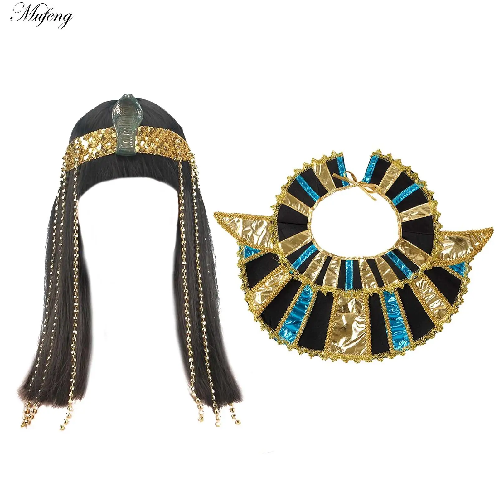 Cleopatra peluca de reina egipcia y cuentas, diadema de serpiente con ...