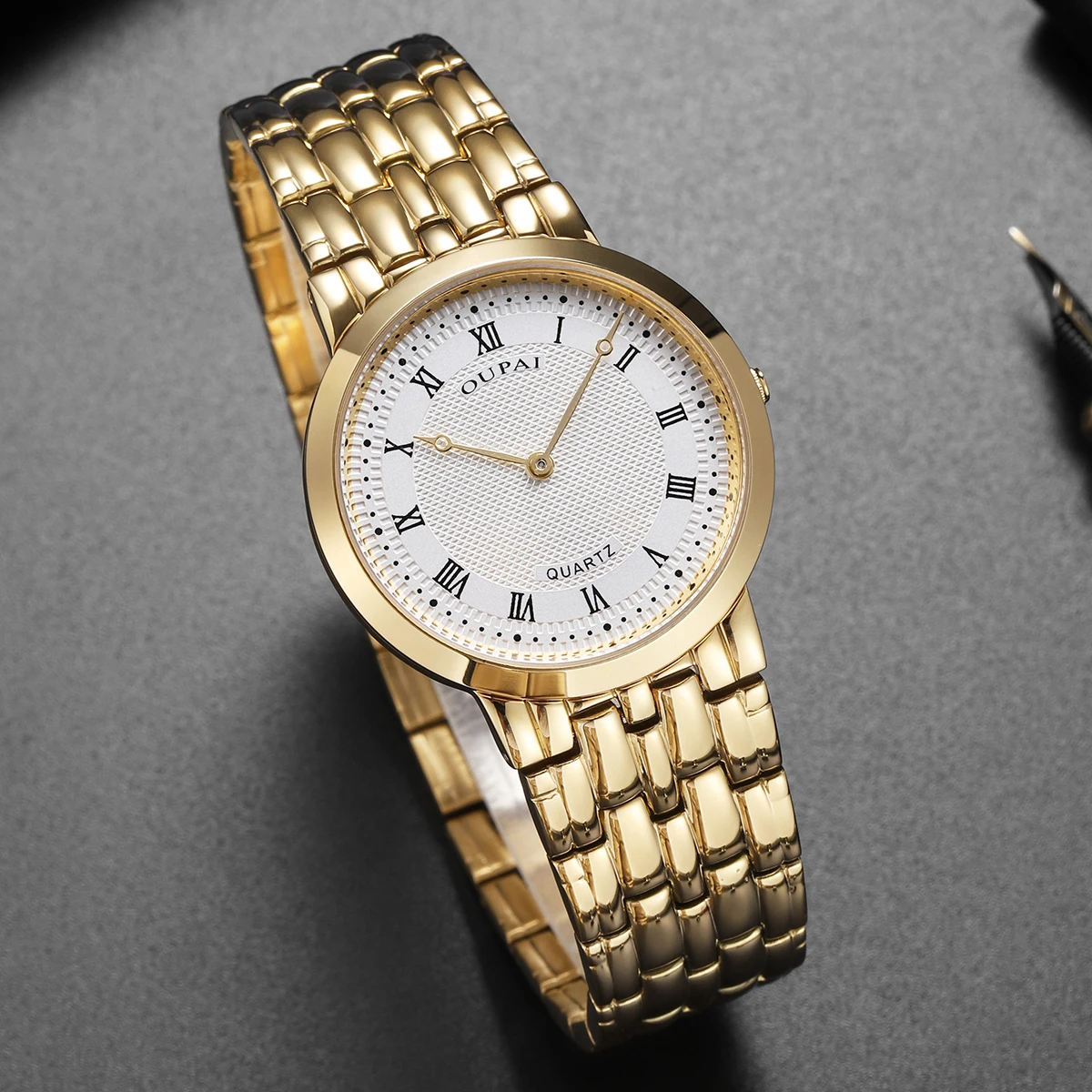 Oupai Men's Watch Golden Round Thin 7mm Thickness Dial Stainless Steel ...