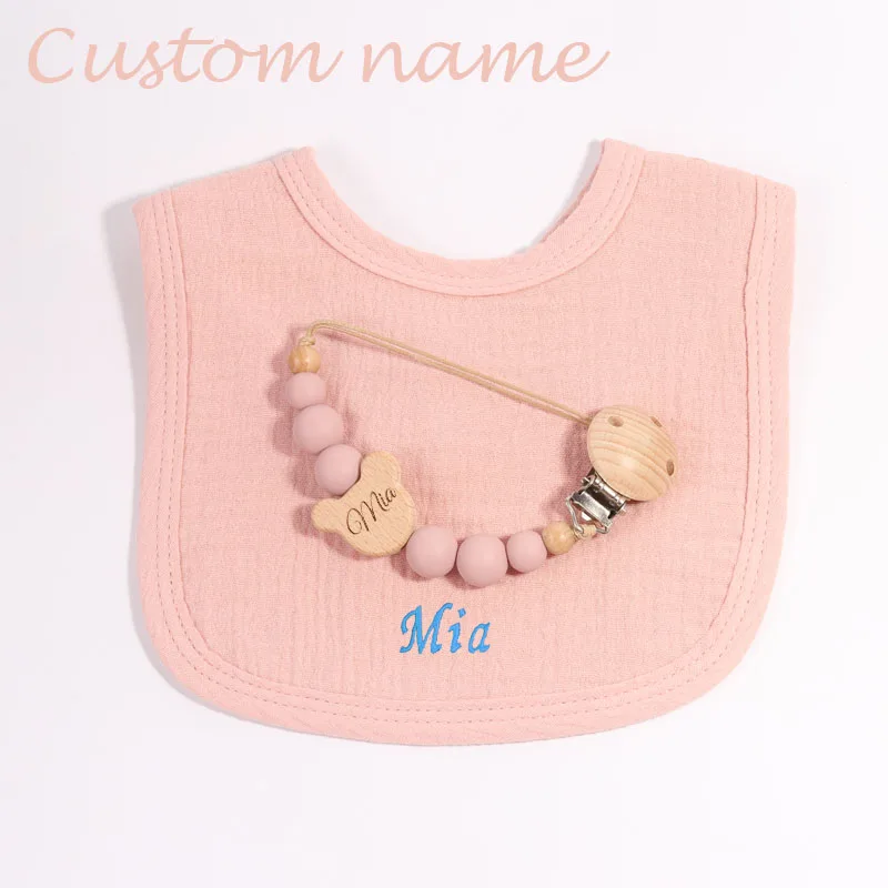 Personalised-Baby-Bibs-and-Pacifier-Chain-Set-Custom-Embroidery-Name ...