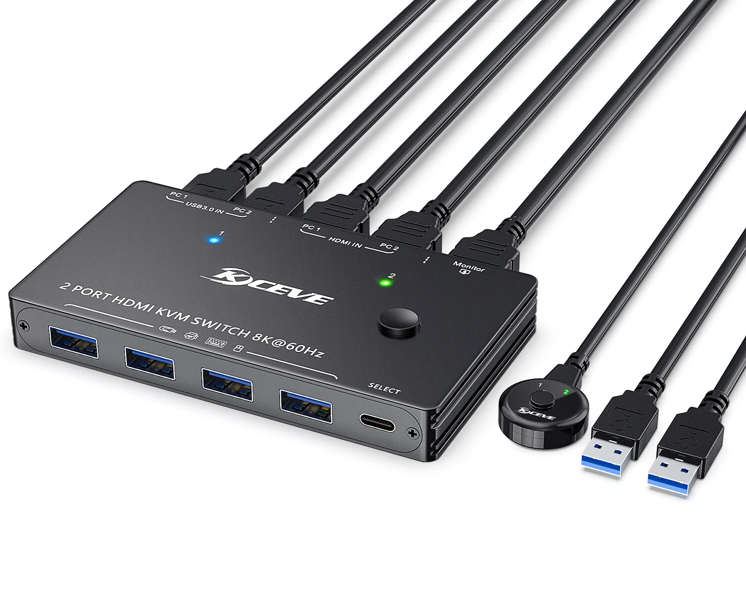 KCEVE USB3.0 KVM 스위치 HDMI 2 포트, 8K 60Hz HDMI 2.1 KVM 스위치, 2 컴퓨터 1 모니터 및 ...