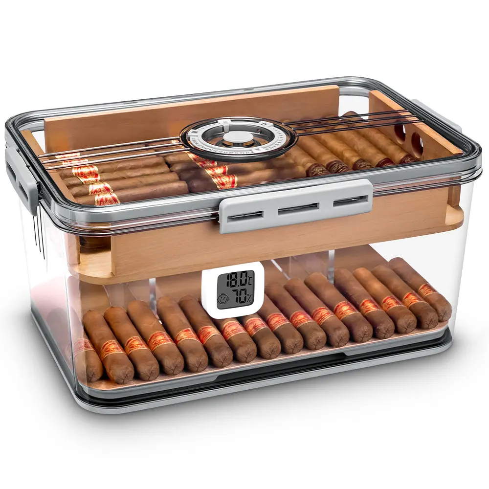 Transparent-Cigar-Humidor-PP-Box-Cedar-Wood-Shelf-Cigar-Humidor-With ...