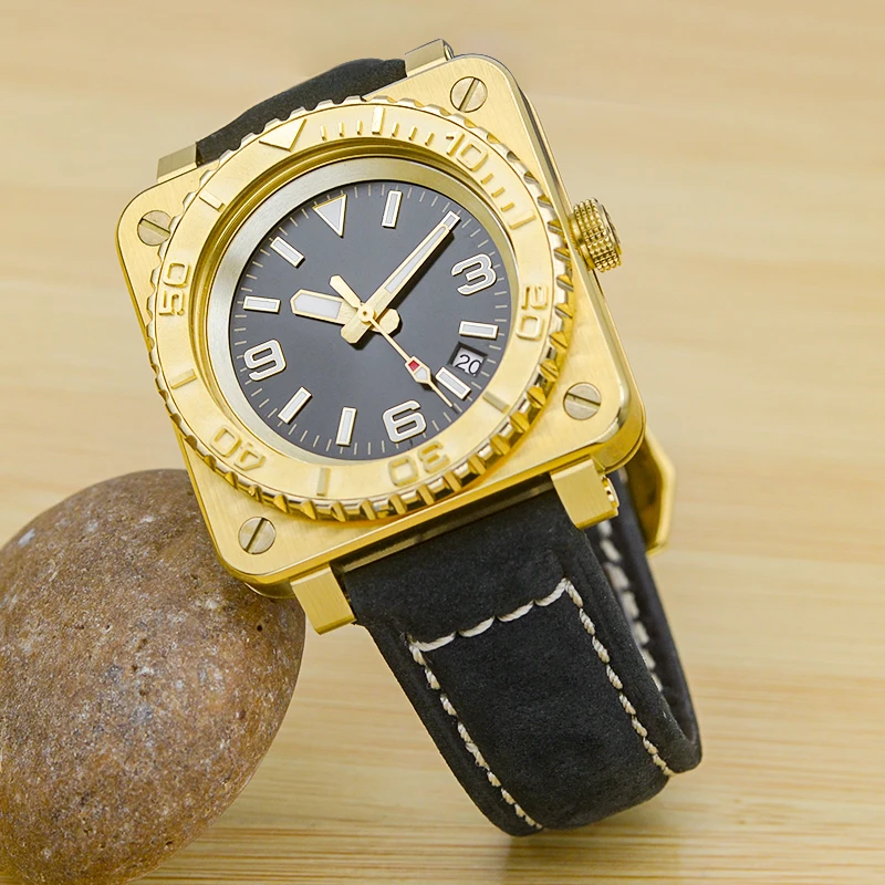 Square-Gold-Watch-Black-DIal-Leather-Band-38mm-Bezel-Insert-NH36-NH35 ...