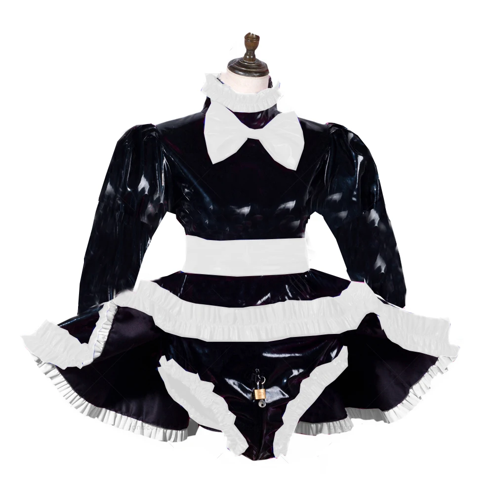 Sissy-PVC-Leather-Bowknot-Dress-with-Underpants-Lockable-French-Maid ...