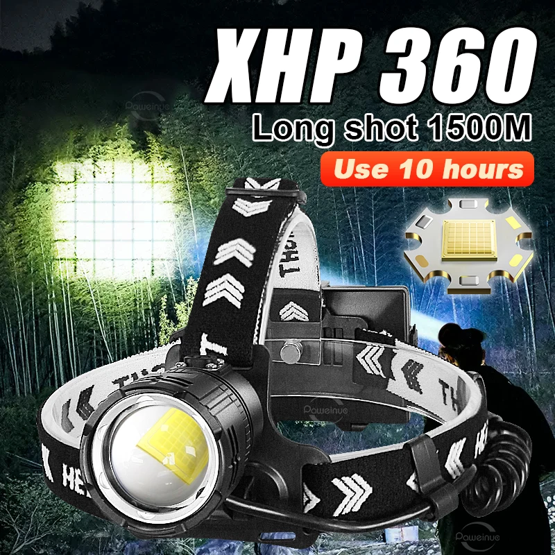 XHP360 Powerful LED Headlamp TypeC USB Rechargeable Head Lamp 18650 ...