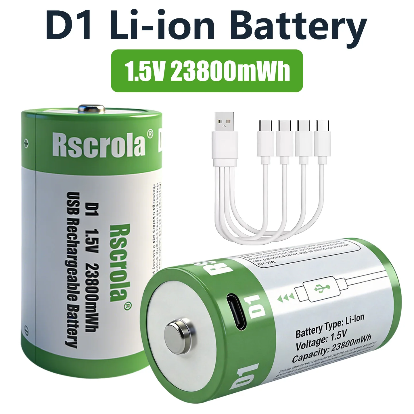 High Capacity 1.5V 23800mWh USB Rechargeable D Cell Lithium Battery ...