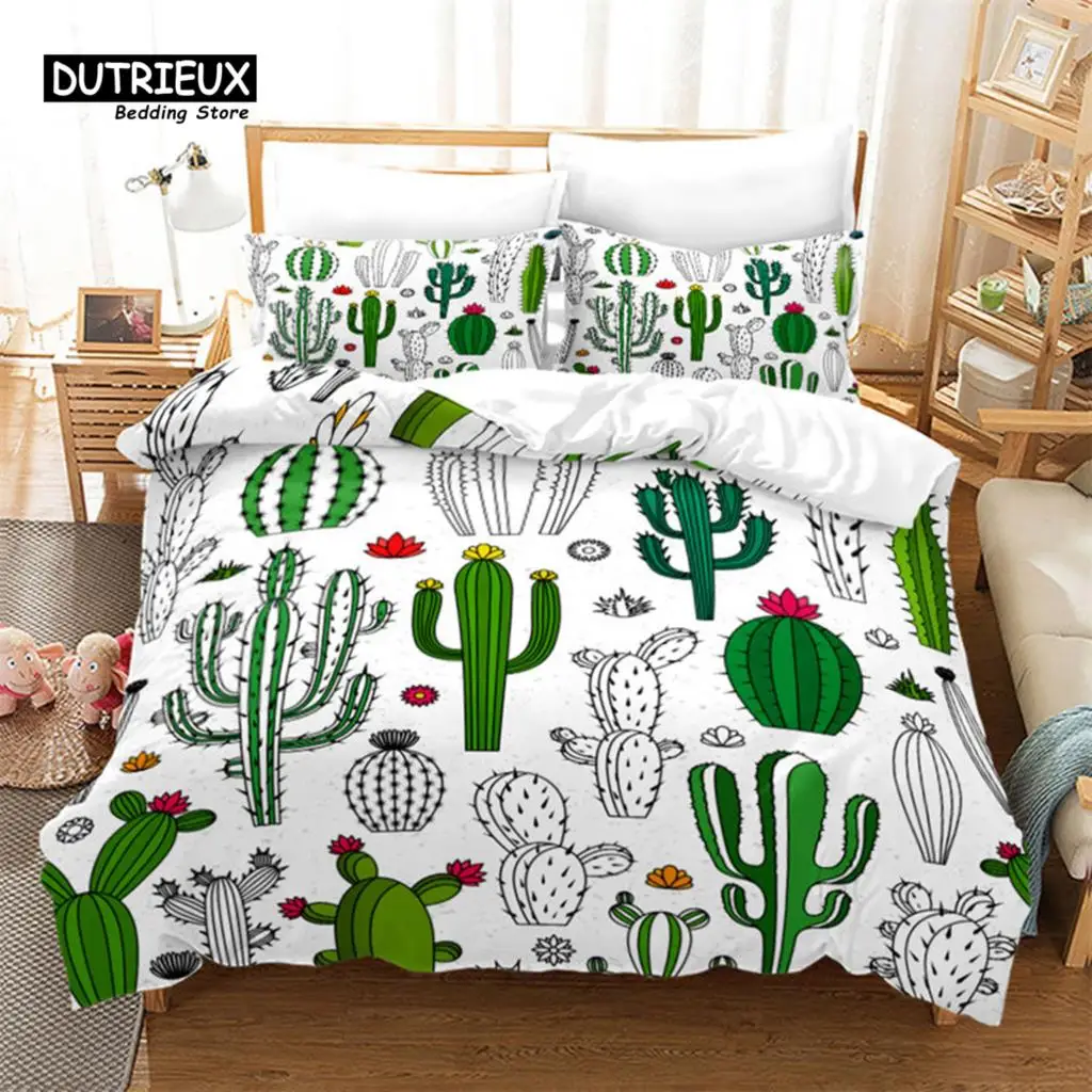 Chic-Cactus-Bedding-Set-Queen-For-Kids-Teen-Decor-Cartoon-Green-Plants ...