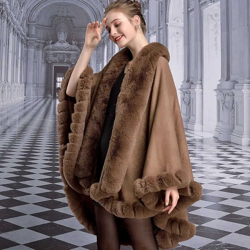 Luxury-Haining-Rex-Rabbit-Fur-Cape-for-Women-Woolen-Poncho-Coat-with ...